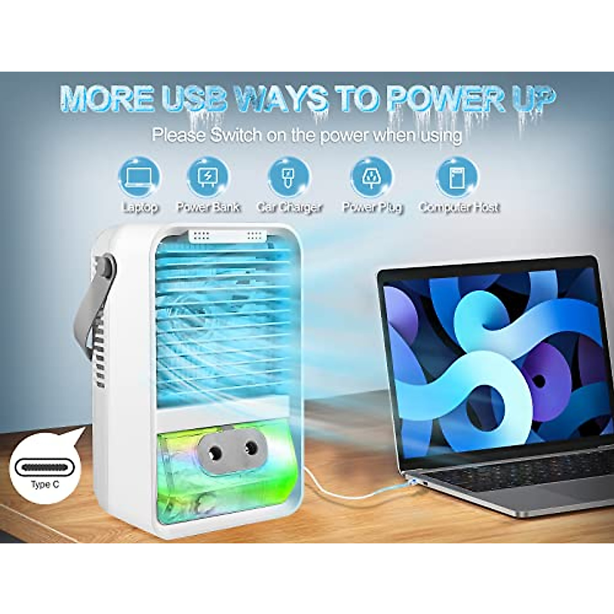 Portable Air Conditioner Fan, Personal Space Air Cooling Fan for Home Office Room, Personal Evaporative Cooler & Humidifier, with Handle/LED Light/Humidifier, for Small Room/Dorm/Bedroom/Camping