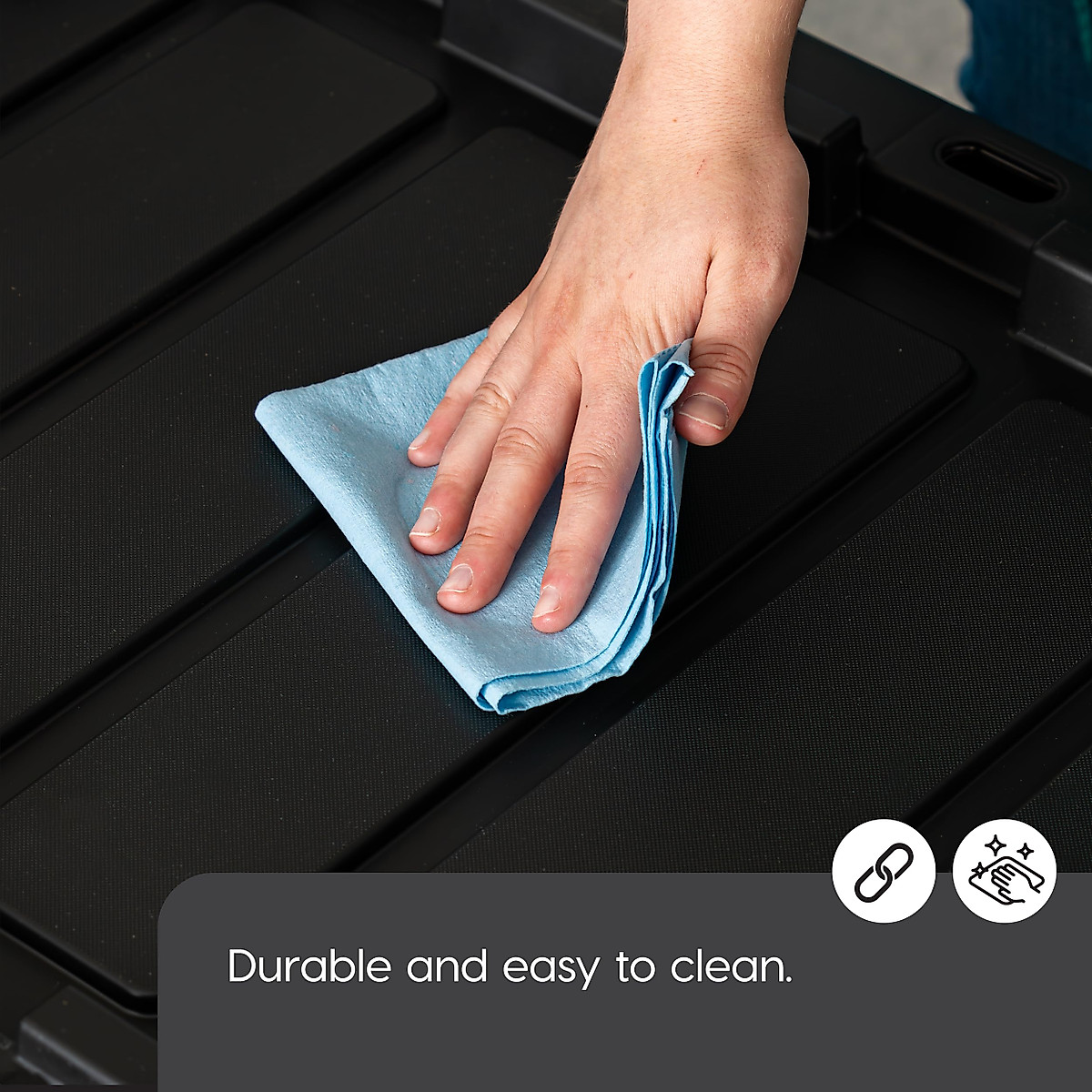 IRIS USA 27 Gallon Heavy Duty Truck Bed Toolbox Storage Tote Bins with Lids, 4 Pack - Made in USA, Tough Snap On Lid Stackable Industrial Rugged Tubs, Garage Organization, Reusable Box - Black