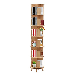 LyeXD 6 Tiers Wood Narrow Bookshelf, 360 Rotating Book Shelf Display Bookcase, Multi-Functional Floor Standing Book case Organizer for Living Room, Bedroom,Home,Office