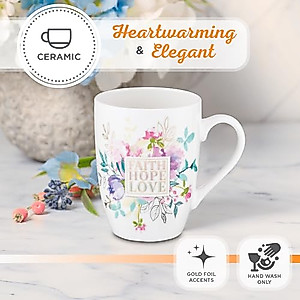 Christian Art Gifts White with Pastel Floral Ceramic Coffee Mug for Women and Men, Faith Hope Love - 1 Corinthians 13:13 Lead-free and Cadmium-free, Bible Verse Inspirational Coffee Cup, 12 oz