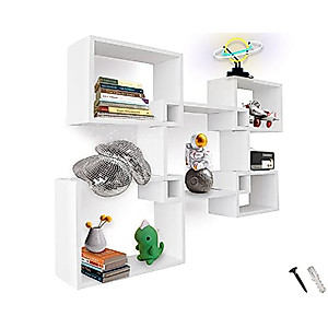 Modern Wall Mounted Square Shaped Floating Shelves – Set of 5 Square Shelves for Bathroom, Bedroom, Living Room & More - Screws and Anchors Included – Rustic Wall Décor Display for Home - White