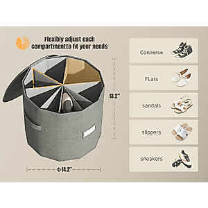 Vailando Shoe Organizer for Closet - Cylindrical Shoe Storage Organizer with Adjustable Dividers for Closet, Foldable, Gray, 2-Pack