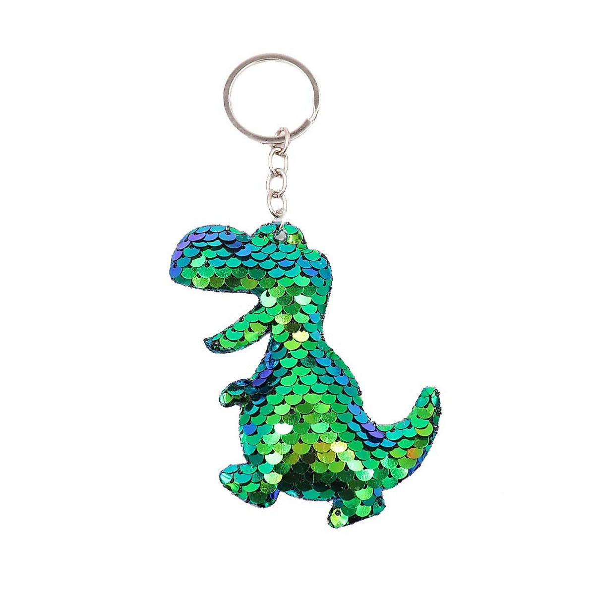 QTKJ Cute Reversible Mermaid Glitter Pompom Sequins Dinosaur Pendant Keychain Key Chain for Women Car Bag Accessories Key Ring (Green)