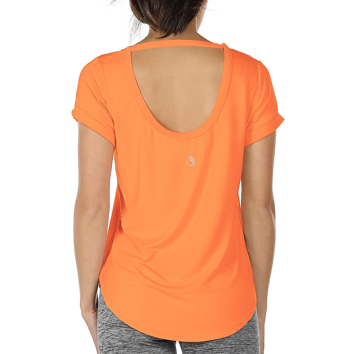 icyzone Open Back Yoga Shirts for Women - Exercise Workout Tops, Athletic Short Sleeves, Running T-Shirts Loose Fit (Orange, L)