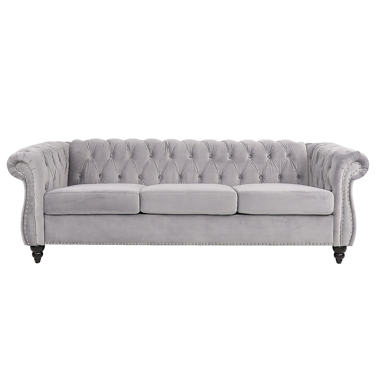 LEVNARY Three-Seat Velvet Sofa, Large Sofa Classic Tufted Chesterfield Settee Sofa Modern 3 Seater Couch Furniture with Tufted Back for Living Room, Dark Grey
