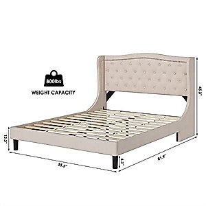HOSTACK Full Size Bed Frame, Modern Upholstered Platform Bed with Wingback Headboard, Heavy Duty Button Tufted Bed Frame with Wood Slat Support, Easy Assembly, No Box Spring Needed(Beige, Full)