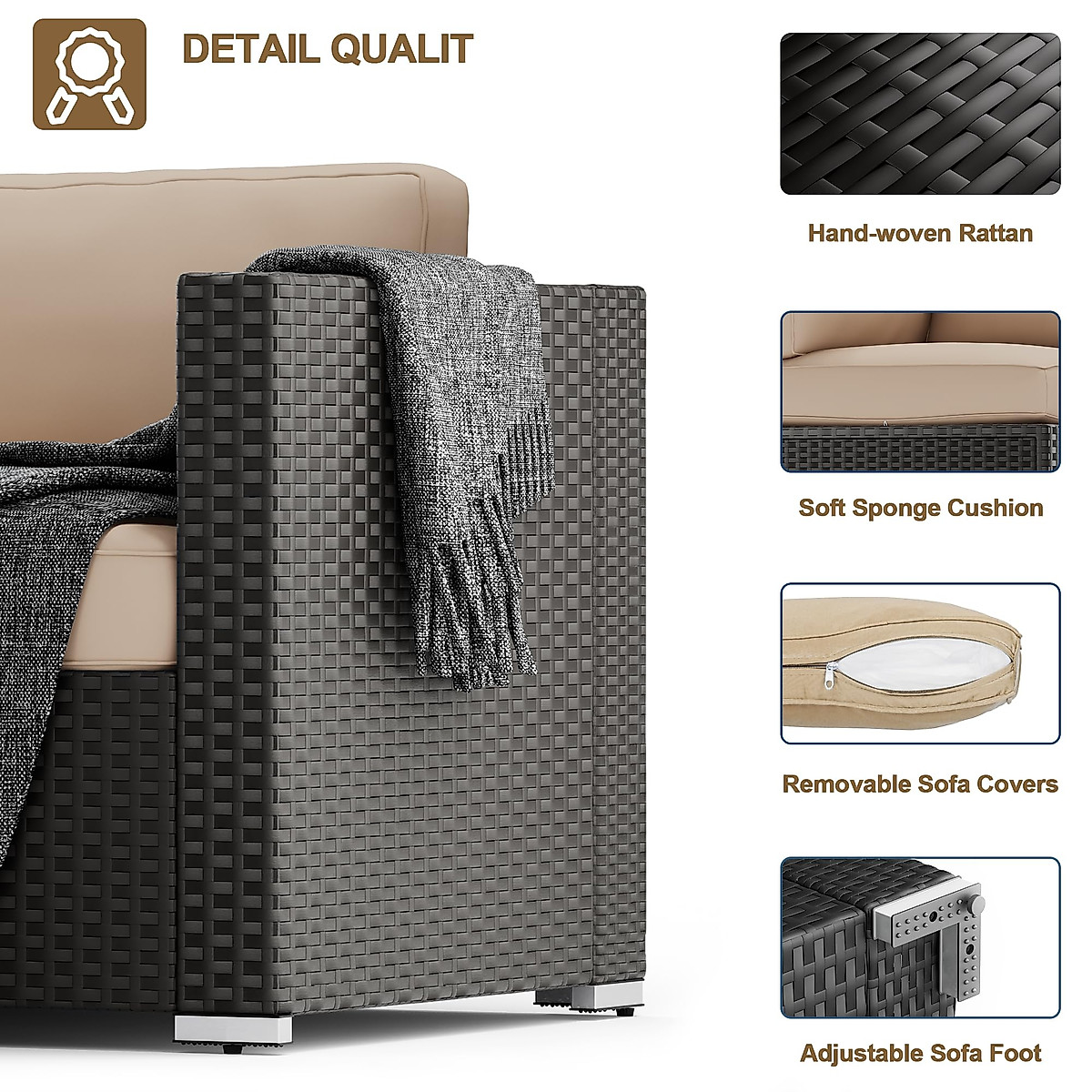 Patiomore 7 Pieces Outdoor Patio Furniture Set, Black Brown Wicker Patio Sectional Sofa Set, Outdoor Couch with Grey Cushion and Tempered Glass Table