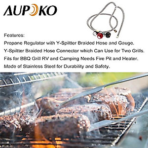 Aupoko Adjustable Propane Regulator Stainless Braided Hose 0-30 PSI with Gauge, 2 Y-Splitter Hose QCC1/Type1 to 3/8" Female Flare Fitting, for Heaters/Grills, Fire Pit High Pressure Regulator Valve