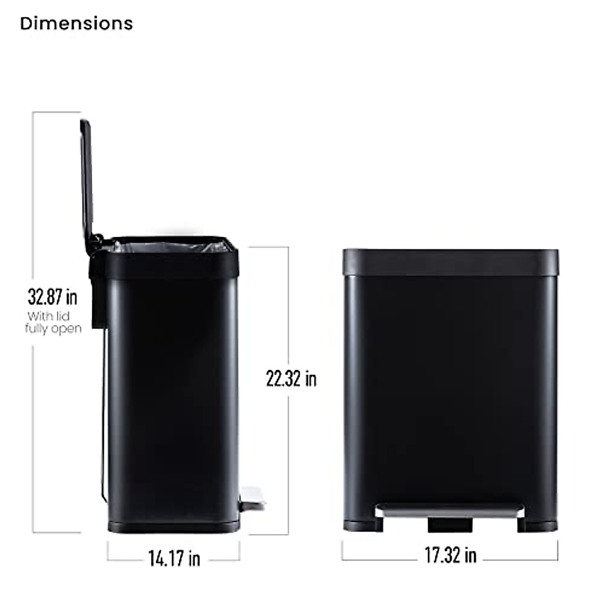 Home Zone Living 13 Gallon Kitchen Trash Can, Large Stainless Steel Liner-Free Body, 50 Liter Capacity, Matte Black, Virtuoso Series