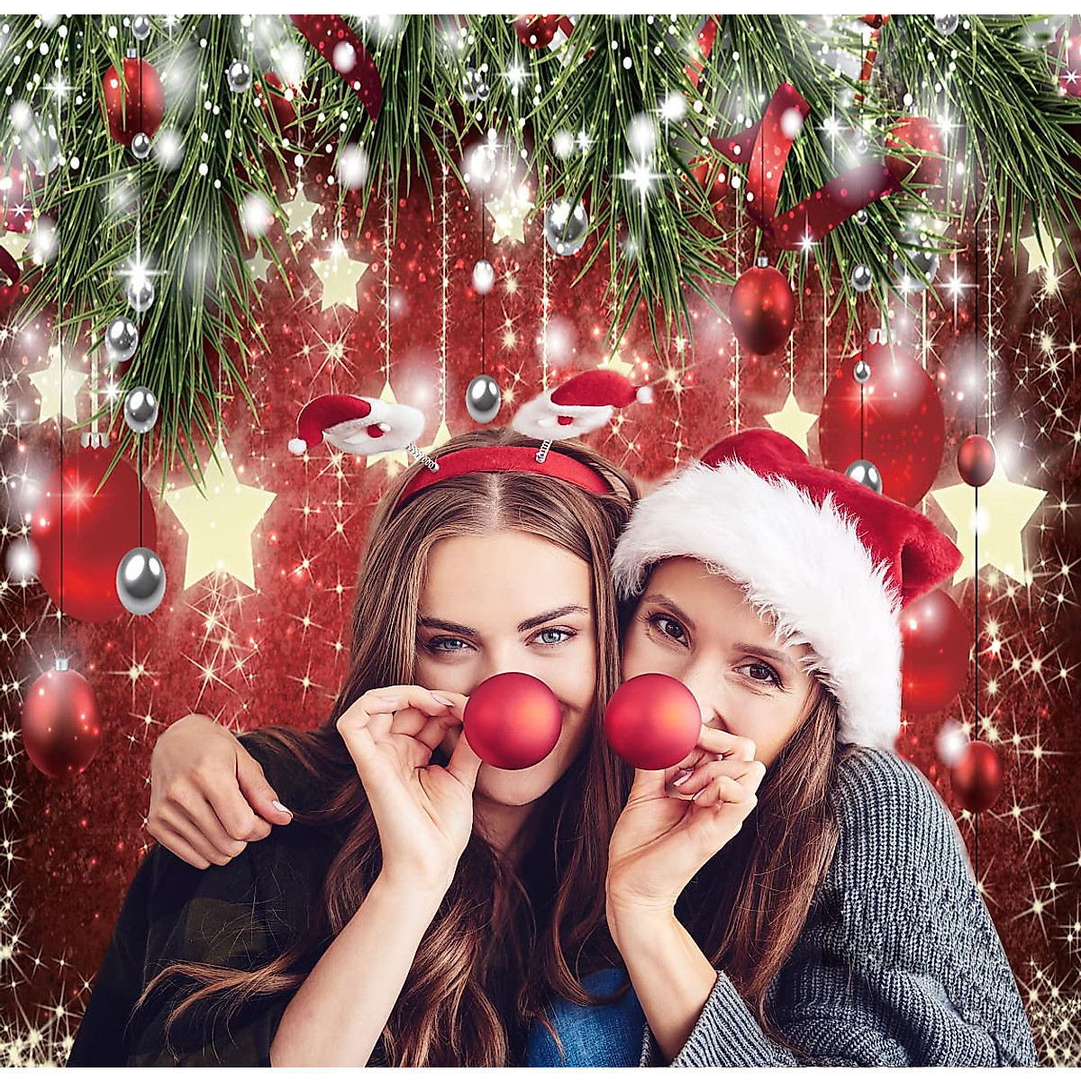 SJOLOON Christmas Backdrops Red Ball Theme Background Shining Stars Background New Year Backdrop for Christmas Party Decoration Banner Photo Shoot 12364 (10x10FT)