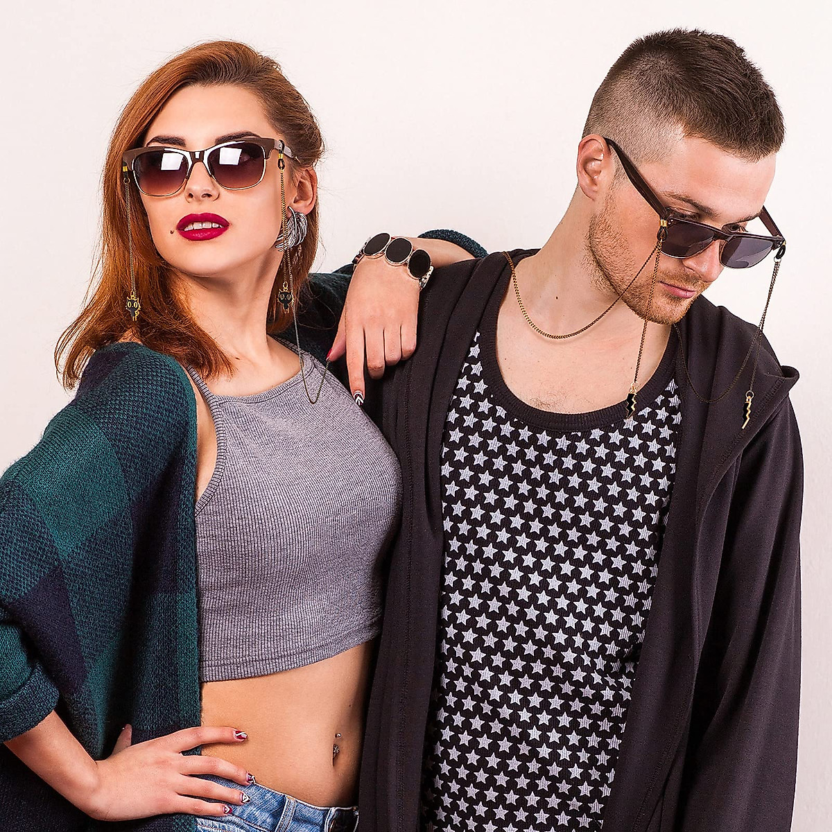 Flutesan 6 Pieces Glasses Chain Goth for Women Men Eyeglass Holder Chain Lanyard Sunglasses Chains Bat Moon Love Cat Pendant Eyewear Strap Holder Anti Lost Eyeglass Leash