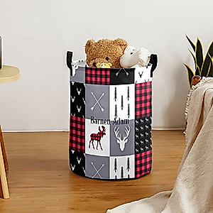 Personalized Laundry Baskets Bin, Buffalo Plaid Deer Woodland Laundry Hamper with Handles, Collapsible Waterproof Clothes Hamper, Laundry Bin, Clothes Toys Storage Basket for Bedroom, Bathroom, College Dorm 50L