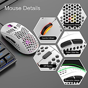 60% Gaming Keyboard Honeycomb Mouse and RGB Headset Comboith Rainbow Backlight Ergonomic 62Key Mechanical Feeling Adjustable 7200DPI Mice Stereo Sound Headphone for PS4 Xbox One PC Mac Gamer