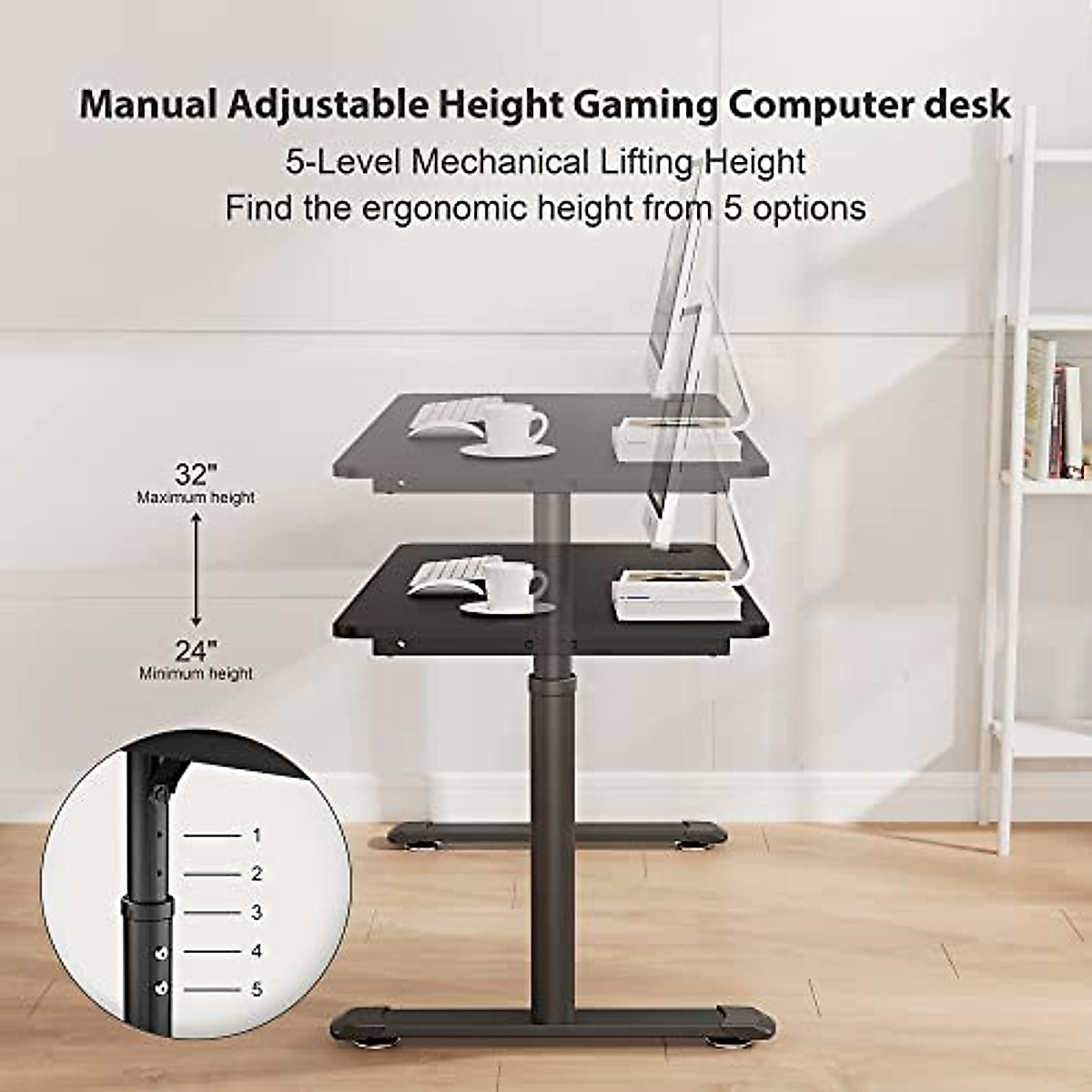 It's_Organized Gaming Desk 60 Inch Large Manual Height Adjustable Black Gaming Computer Desk, Home Office Standing Table Long Computer Sturdy Executive Workstation for 3 Monitors with Free Mouse Pad