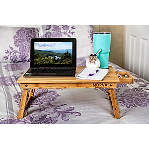 Morvat Bamboo Folding Laptop Lap Desk with Tilting Surface & Magnetic Drawer, Adjustable Writing Table & Bed Tray for Bedroom, Office & Couch, Holds Books Phones & Tablets, Includes Drawing Sketchpad