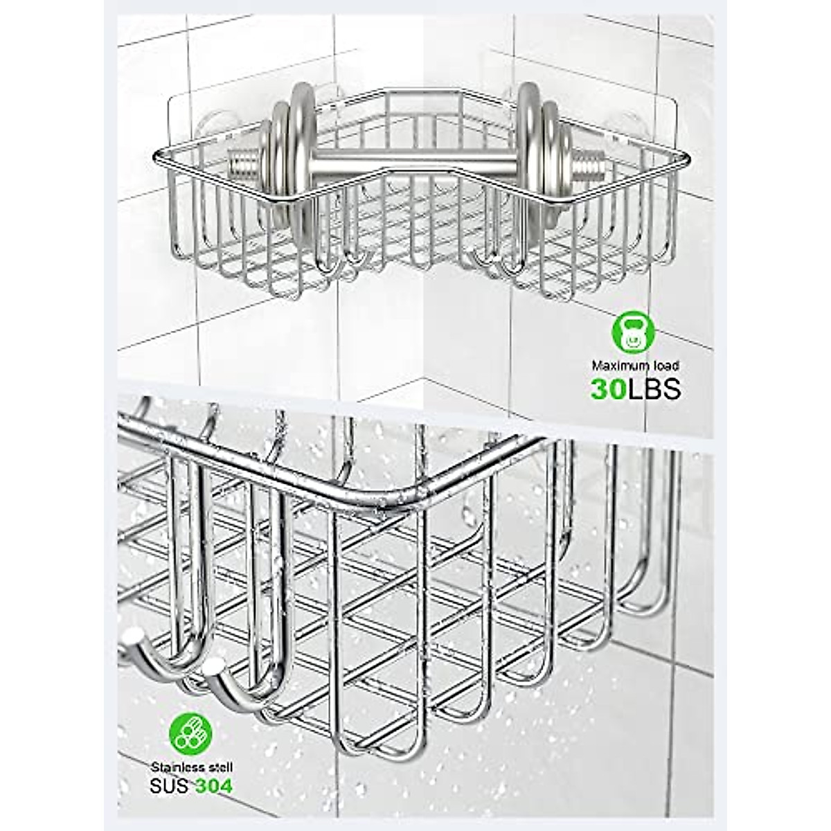 SMARTAKE Corner Shower Caddy Shower Shelf 2 Pack Adhesive Shower Rack with Hooks, SUS 304 Stainless Steel Shower Organizer for Bathroom Toilet Kitchen, Shower Storage for 90° Wall (Silver)