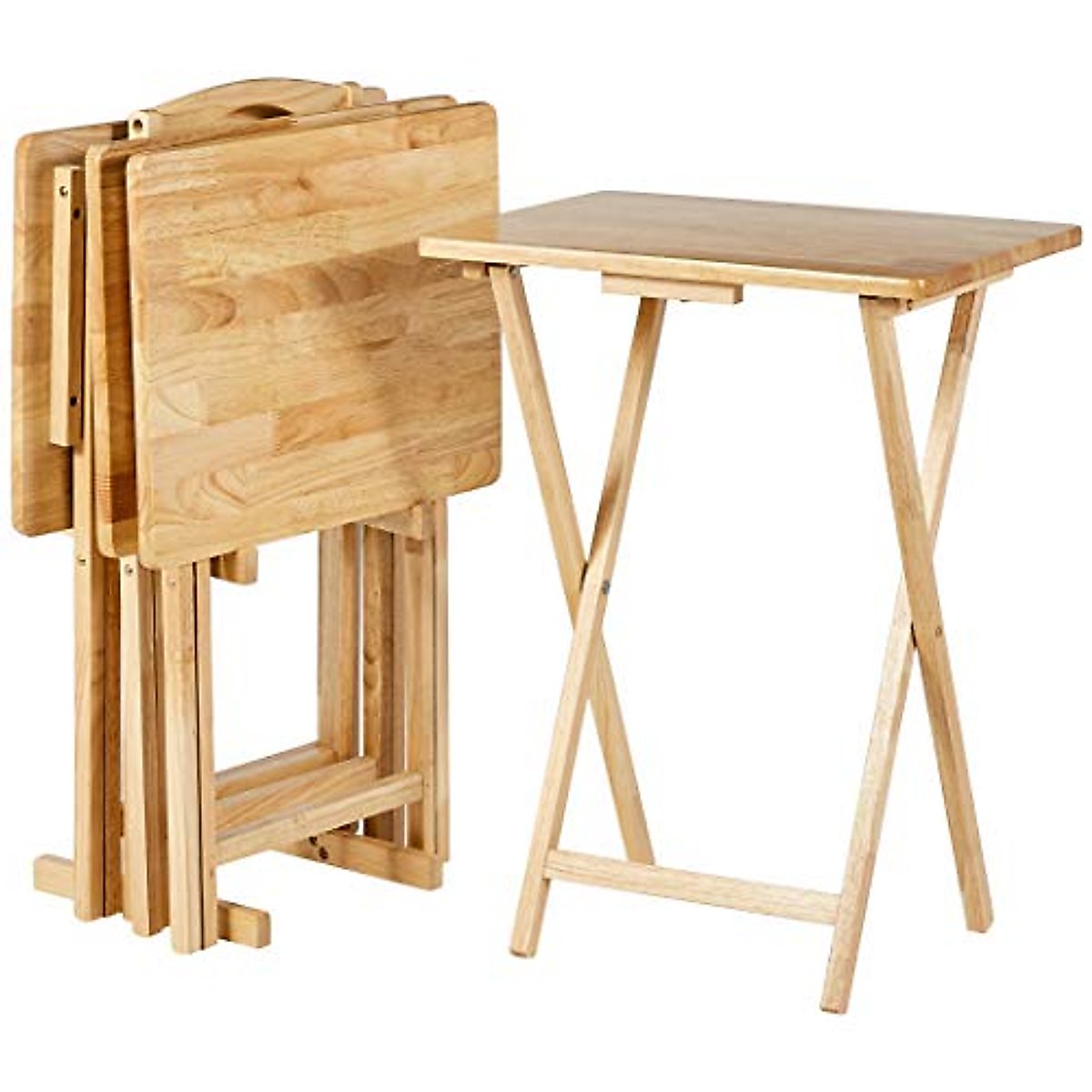 Amazon Basics Classic Portable TV Dinner Rectangular Folding Tray Table with Storage Rack, Natural - Set of 4 Trays, 15"D x 19"W x 26"H