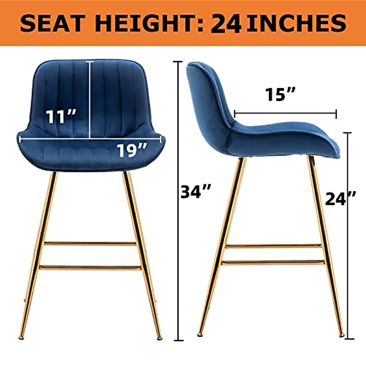 Sidanli 24 Inch Bar Stools, Gold Bar Stools Set of 2, Blue Velvet Counter Height Stools.