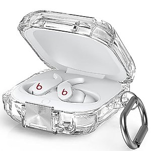 JIML [Upgrade Secure Lock] Compatible with Beats Fit Pro 2021 Case TPU Military Shell Protective Cover Skin Shock-Absorbing with Keychain and Lanyard (Clear-White)