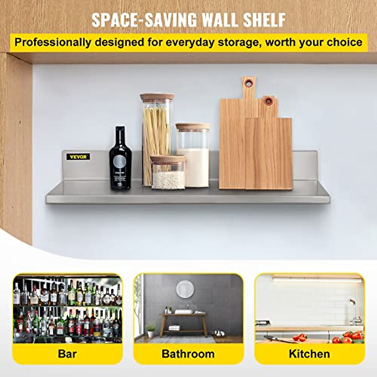 VEVOR Stainless Steel Wall Shelf, 8.6'' x 16'', 44 lbs Load Heavy Duty Commercial Wall Mount Shelving w/Backsplash for Restaurant, Home, Kitchen, Hotel, Laundry Room, Bar (2 Packs)