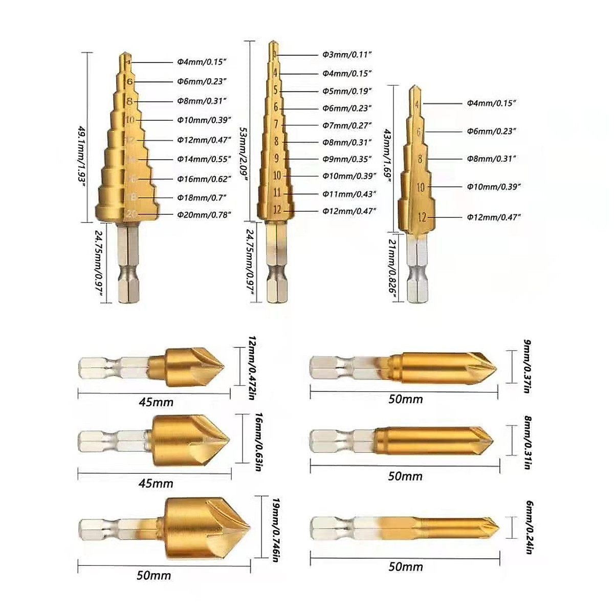 ChewSteel Tools,10 Pieces Step Drill Bit Set 1/4 Inch Hex Shank 5 Flute Countersink Drill Bit Set with 5 Inch Center Punch and Bag for Wood Metal Plastic Glass (4-20/4-12/3-12 mm)