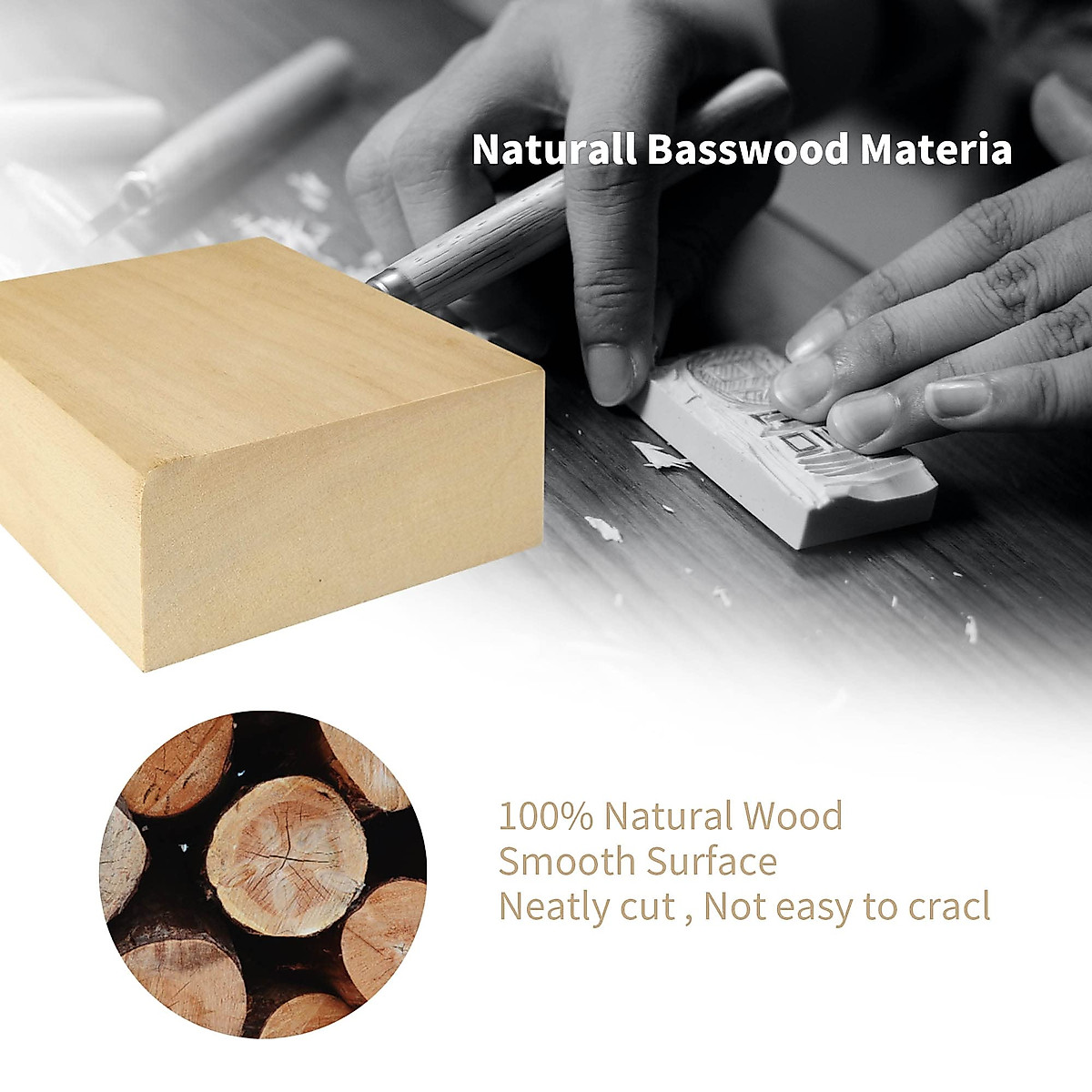 6 Pack Unfinished Wood Blocks for Crafting, 4x4x2 Inch Squares Basswood Blocks for Carving, Wood Blocks for Crafts, Basswood Carving Blocks for Class, Home DIY