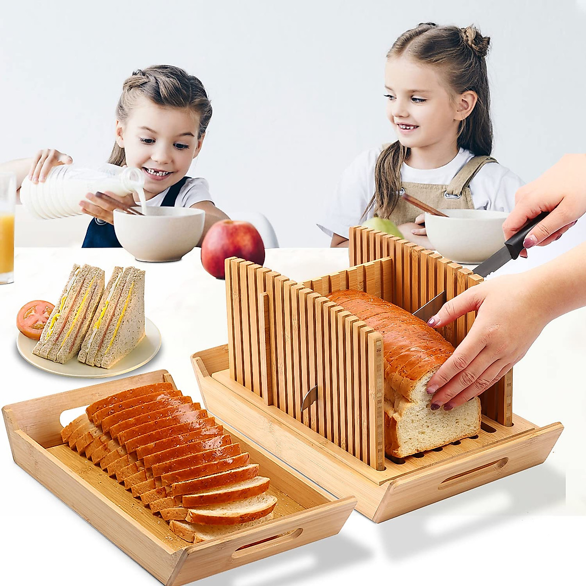 Kiss Core Premium Bamboo Bread Slicer for Homemade Bread, Crumb Catcher, Foldable and Compact Loaf Cutter 3 Size Slicing Guide