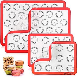 Zulay (Set of 4) Silicone Baking Mat - Macaron Silicone Baking Mats With Pre-printed Template Design - Non Stick & Reusable Silicone Baking Sheet - 2 Half Size + 2 Quarter Size (Red)
