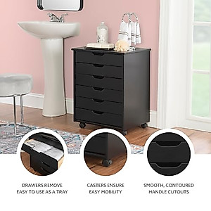 Linon Rolling Storage Corinne Cart, Six Wide Drawers, Black Wide