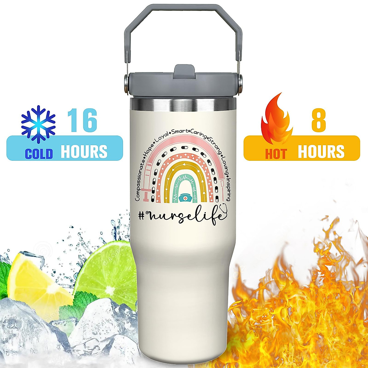 soeufnwhf 30oz Nurse Tumbler Cup with Handle Nurse Travel Coffee Mug, Nurse Nutrition Facts Tumbler, Best Nursing School Gifts, Nursing Graduation Gifts, RN Gifts for Nurses Appreciation Gifts