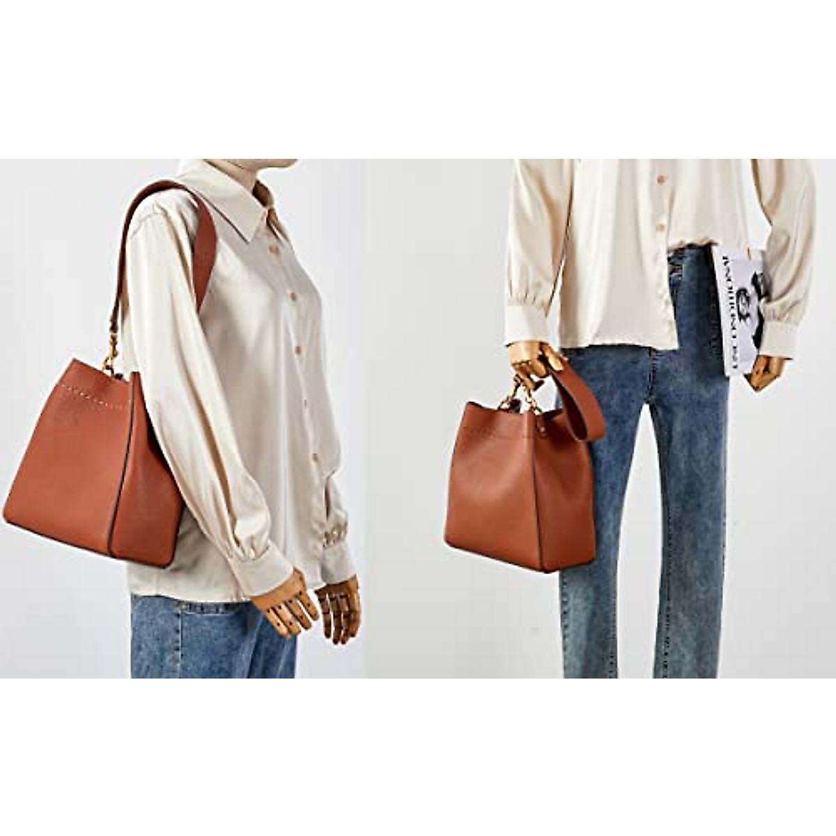 Leather Bucket Tote Bag For Women Medium Hobo Shoulder Purse And Handbags (2-Brown)