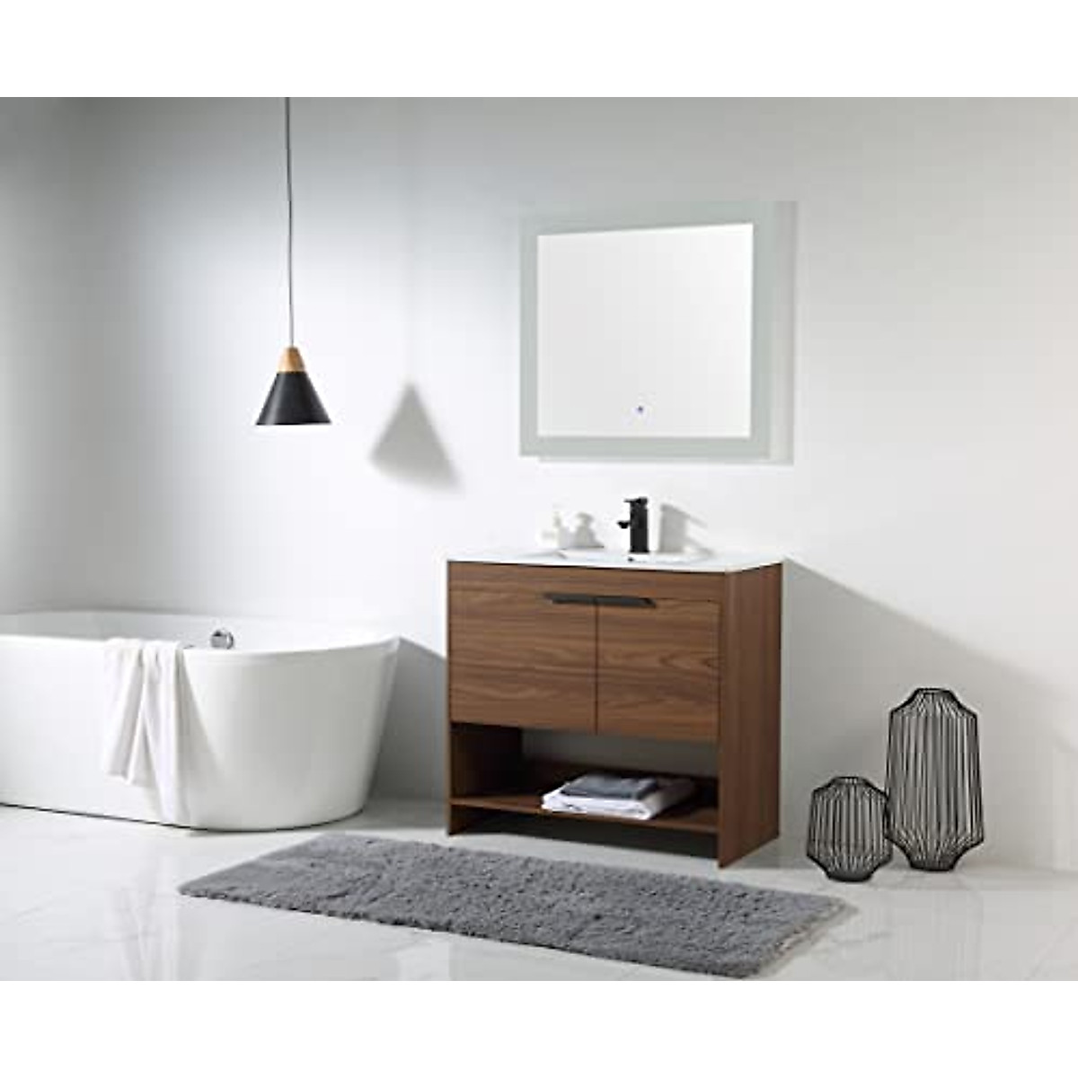 Bathroom Vanity with Integrated Ceramic Sink - Bathroom Vanity with Sink & Modern Knob Design - Bathroom Vanities with Sturdy Marble Top & Soft Closing Doors (36 Inch) Walnut