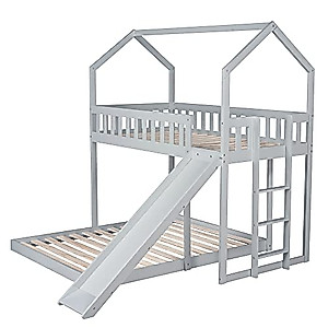 GLORHOME Twin Over Full House Bunk Bed， Detachable to Floor Bedframe and A Loftbed, with Slide, Built-in Ladder,Full-Length Guardrail for Kids Adults,Roof can be Decorated