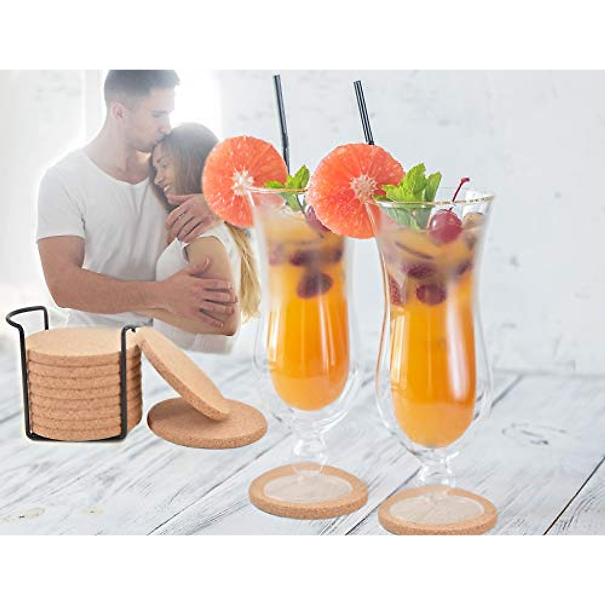 Round Cork Coasters- Premium Quality for Drinks - 10 Set 1/4 INCH Thick with Metal Holder, Absorbent, Natural, Reusable, Recyclable Plus Bonus URBAN UNLIMITED Bottle Opener