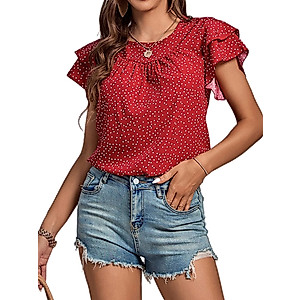 LYANER Women's Polka Dots Scoop Neck Layer Ruffle Trim Short Sleeve Blouse Shirt Top Red Medium