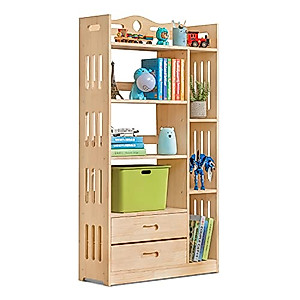 MoNiBloom 4 Tier Bookcase with Open Shelves and 2 Drawers, Large Modern Wood Heavy Duty Storage Display Stand Rack for Living Room, Natural