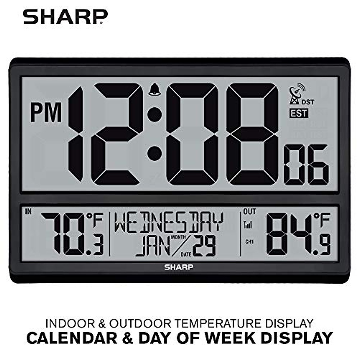 SHARP Atomic Clock - Never Needs Setting! –Easy to Read Numbers - Indoor/Outdoor Temperature, Wireless Outdoor Sensor - Battery Powered - Easy Set-Up!! (4" Numbers)