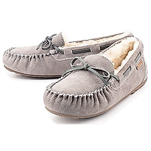 Parfeying Women's Sheepskin Moccasins Cow Suede Memory Foam Slippers Indoor Outdoor Shearling Winter Shoes,L20101 Grey 5US