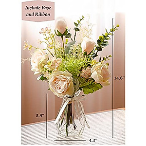 PERFNIQUE Faux Flowers with Vase, Artificial Silk Roses in Vase, Fake Eucalyptus Plant Bouquet, Floral Arrangements for Living Room, Dining Table Centerpiece, Coffee Table Decor (Peach Pink)