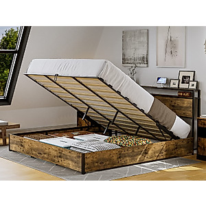 IKIFLY King Size Lift Up Storage Bed, Metal King Platform Bed Frame with 2-Tier Storage Shelf Headboard & Charging Station, Solid Wood Slats, No Box Spring Needed, Easy Assembly, Rustic Brown