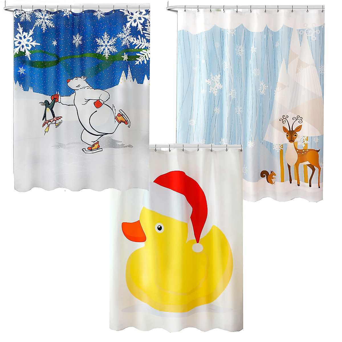 Carnation Home Fashions Christmas Shower Curtain 3 Pack - 1 Each Christmas Rubber Ducky, Christmas Critters Forest Friends, Polar Bear Ice Dancer - Set 3 Fabric Xmas Shower Curtains, Multi Color