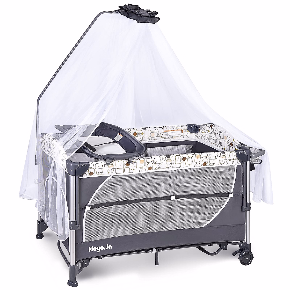 Heyo.Ja Double Layer Baby Portable Playard, 5 Height Adjustable Crib,Changing Table, Foldable Bassinet Bed with Luxury Mosquito Net,Toys Bag,Wheels & Brake, Game Entrance for Boys Girls(Grey)