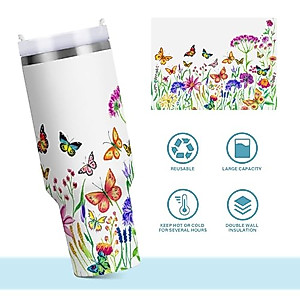 ODAWA 40 Oz Wildflower Butterflies Stainless Steel Insulated Tumbler with Handle and Straw Travel Insulated Tumblers