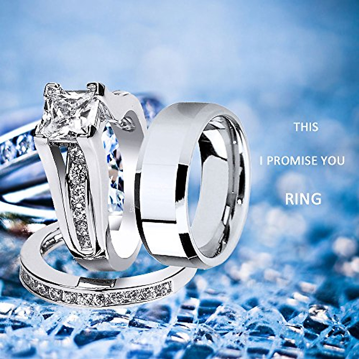 MABELLA Wedding Ring Sets Couples Rings Women's Size 10 Sterling Silver Princess Cubic Zirconia Men’s Size 12 Stainless Steel Bands