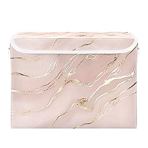 Kigai Storage Basket Rose Gold Abstract Marble Storage Boxes with Lids and Handle, Large Storage Cube Bin Collapsible for Shelves Closet Bedroom Living Room, 16.5x12.6x11.8 In