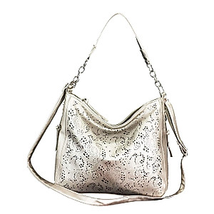Zzfab Laser Cut Bling Hobo fashion CCW Bag Faux Leather Concealed Carry Purse Pewter