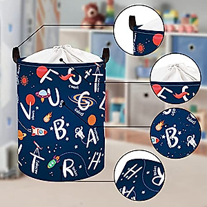 Clastyle 45L Universe Space Alphabet Planet Nursery Laundry Basket Rocket Round Toy Clothes Blue Storage Basket for Kindergarten, 14.2x17.7 in