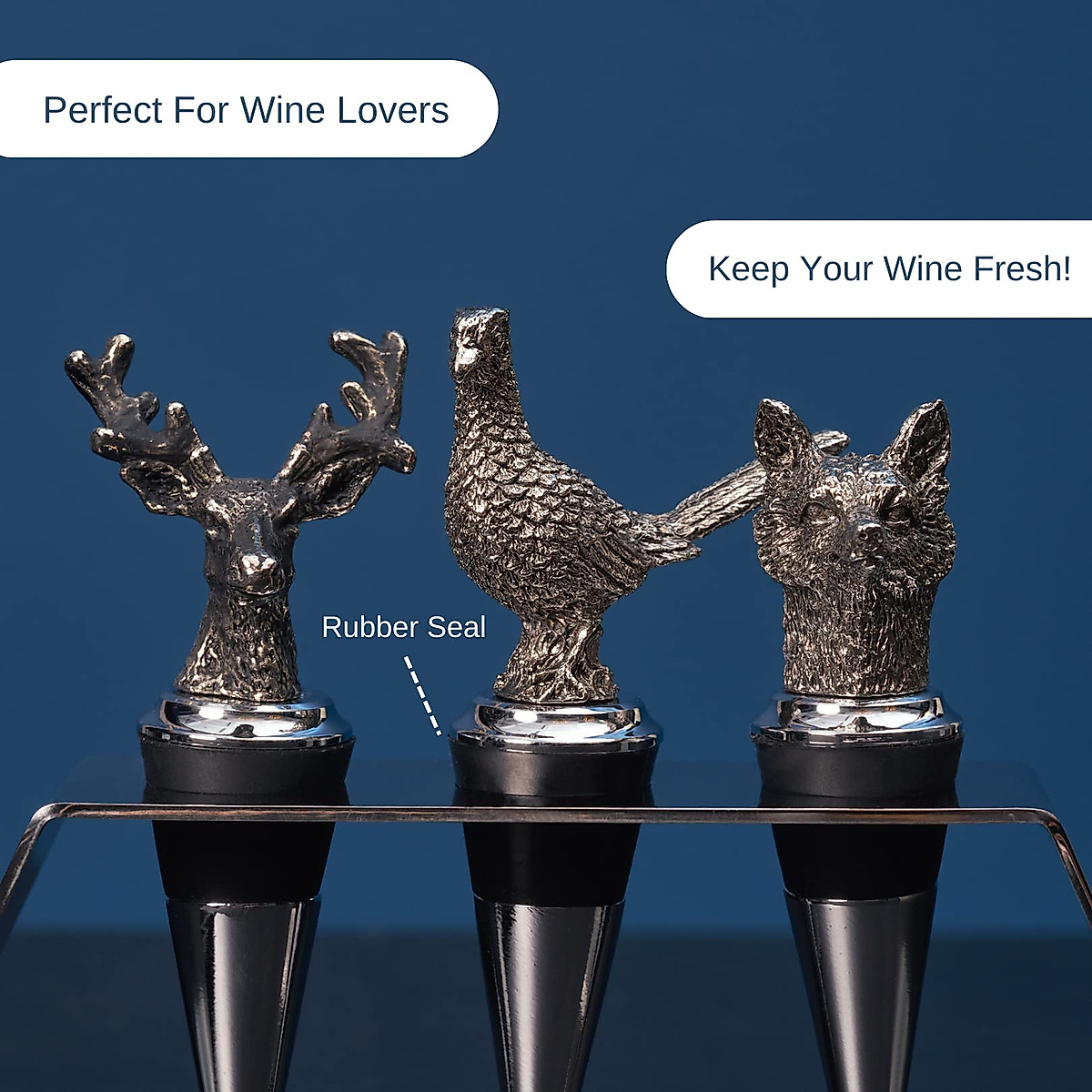 Rigeli Regent Stainless Steel 3-Piece Animal Stoppers Set (Trapezium Holder) Classic Design 3 Piece Wine Stopper Set, Bottle Stoppers with stand - Set of 3