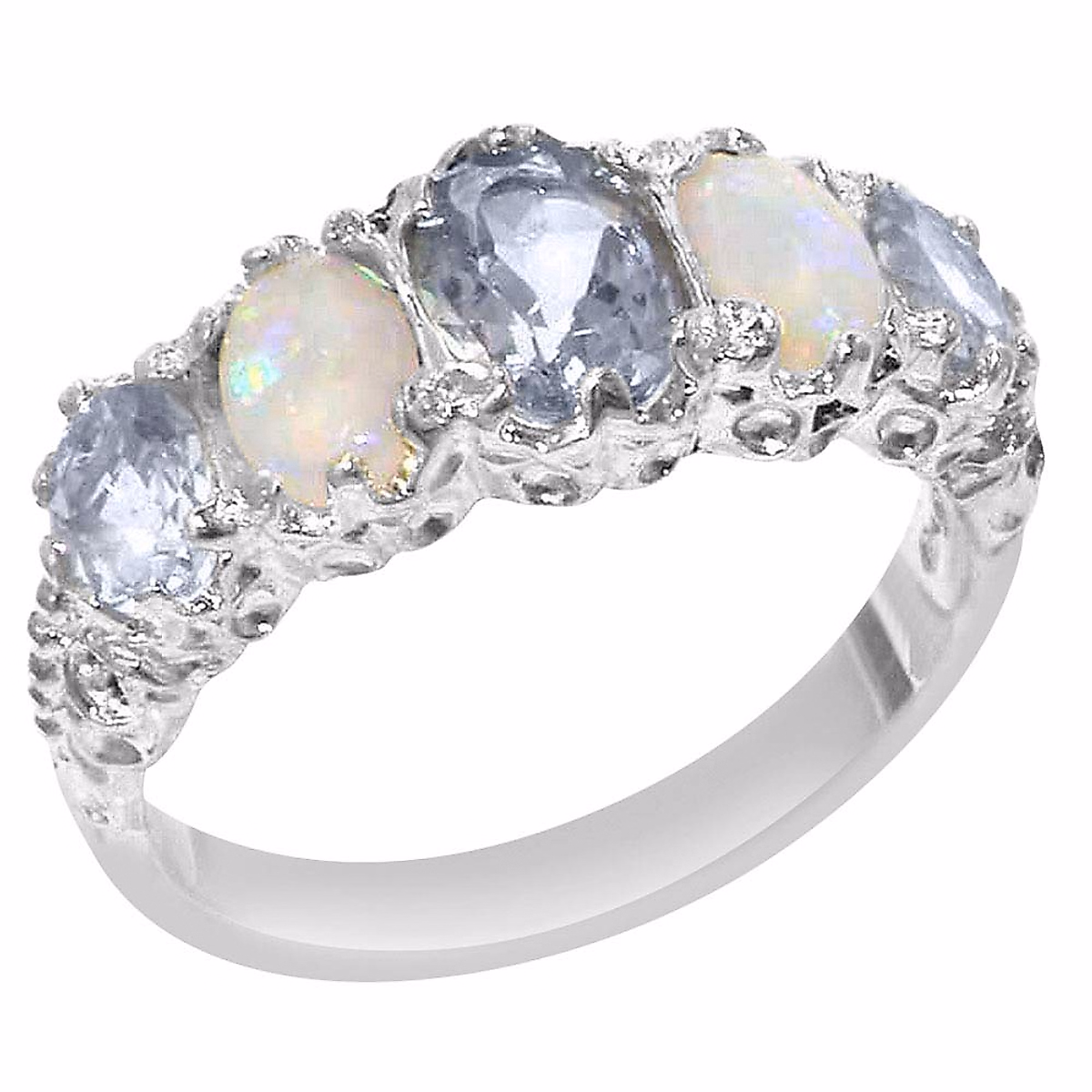 LetsBuyGold 925 Sterling Silver Real Genuine Aquamarine and Opal Womens Promise Ring - Size 9
