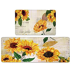 Sunflower Kitchen Rugs Decor Set of 2 Anti Fatigue Yellow Vintage Floral Farmhouse Non Skid Kitchen Floor Mats Comfort Standing Mat Waterproof Sink Carpet (17.3 x 28 inch+17.3 x 47 inch)